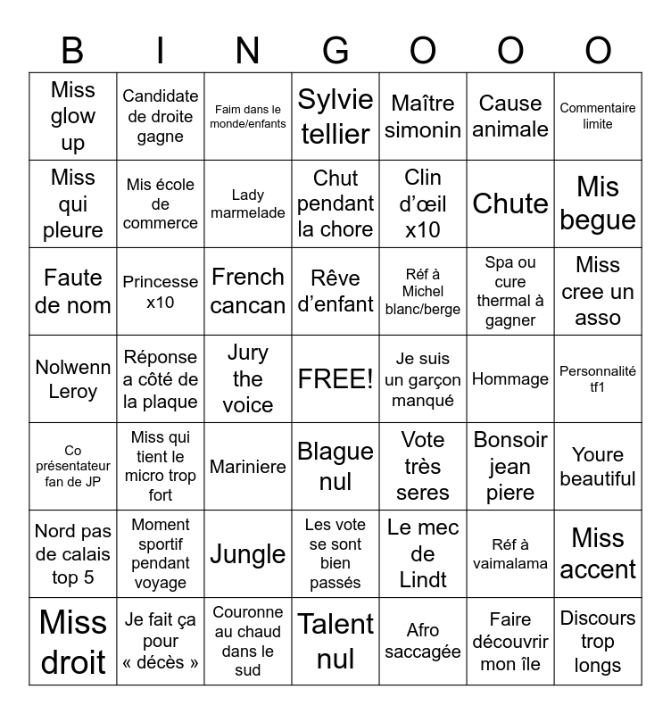 Bingo des Miss Bingo Card