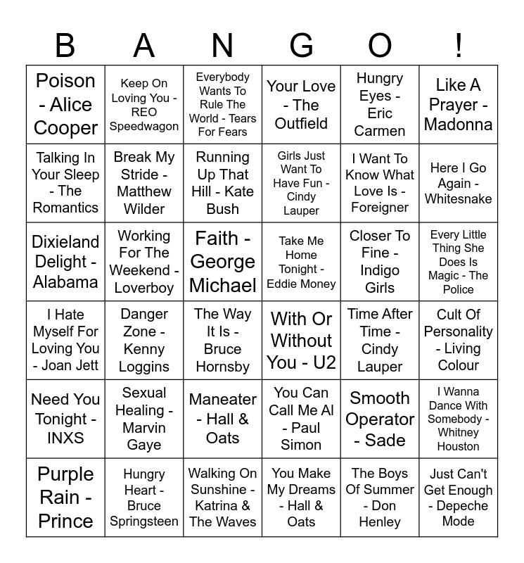 Last Level Bar Bango 80's Edition Bingo Card