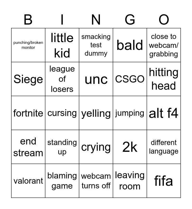 streamer rage Bingo Card