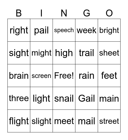 IGH AI EE words Bingo Card