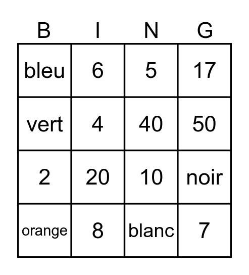 Bingo en français Bingo Card