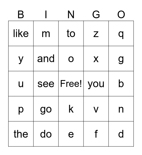 High Frequency Word Bingo Card