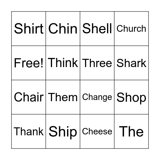 Digraph Bingo "ch" "sh: Bingo Card
