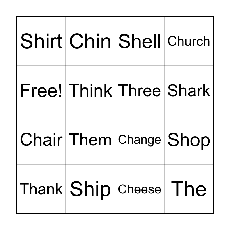 Digraph Bingo "ch" "sh: Bingo Card