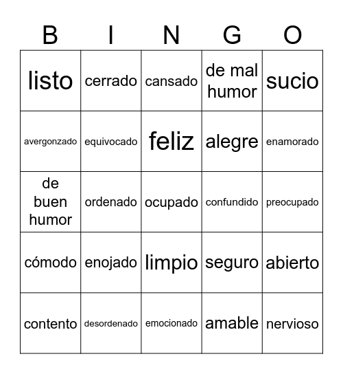 Las Emociones y Condiciones Bingo Card