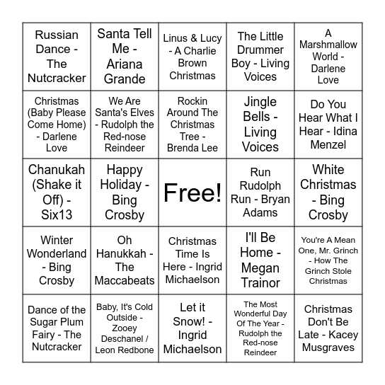Holiday Music Bingo Card