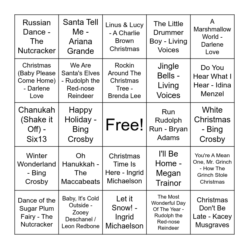 Holiday Music Bingo Card
