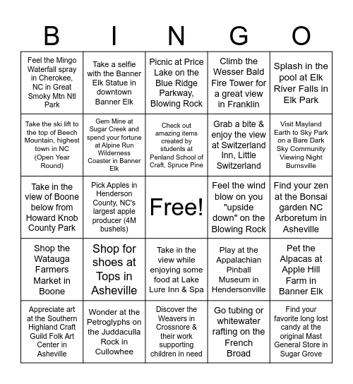 Western North Carolina Bucket List Bingo Card