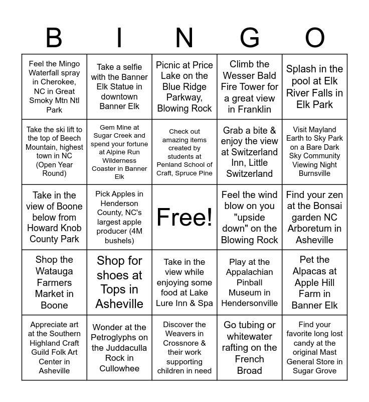 Western North Carolina Bucket List Bingo Card
