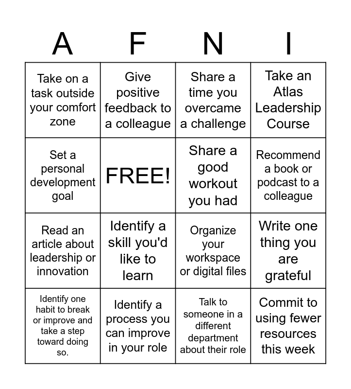 Core Value Afni Bingo Card