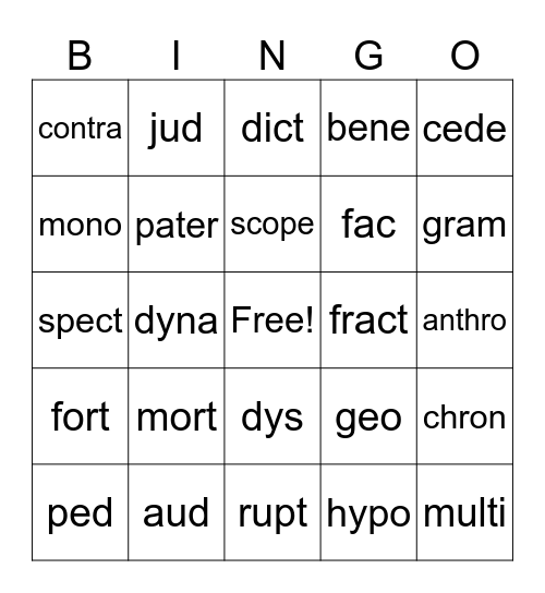 Greek and Latin Roots Bingo Card