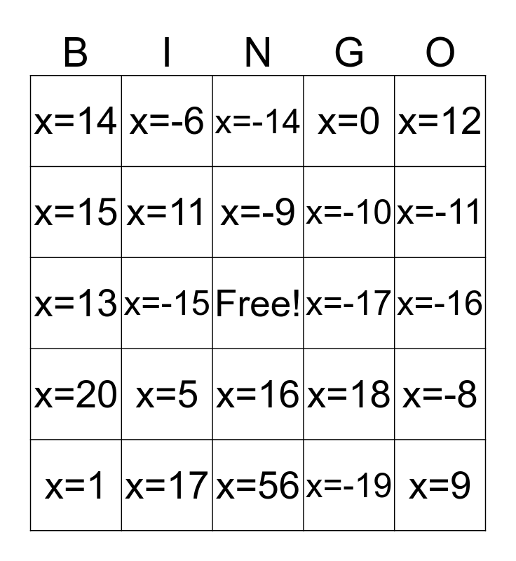 Soving 1 step Equations Bingo Card Soving 1 step Equations Bingo Card