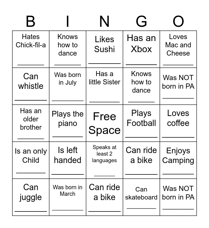 YOUTH HUMAN BINGO Card