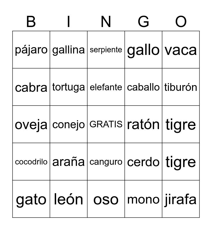 Animales Bingo Card
