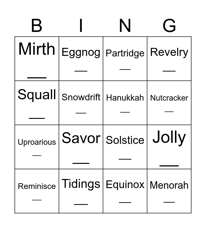 Christmas/Winter/Hanukkah Bingo Card