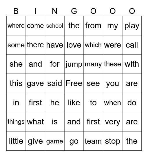High Frequency Word Bingo Card