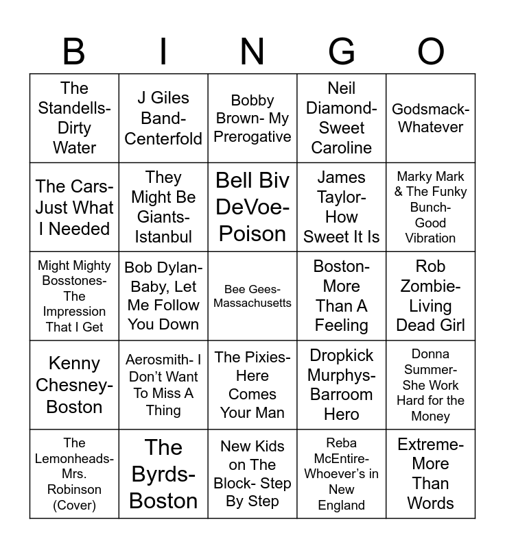 Radio Bingo Massachusetts Music Bingo Card