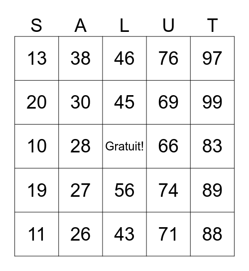 Les Chiffres 1-100 Bingo Card