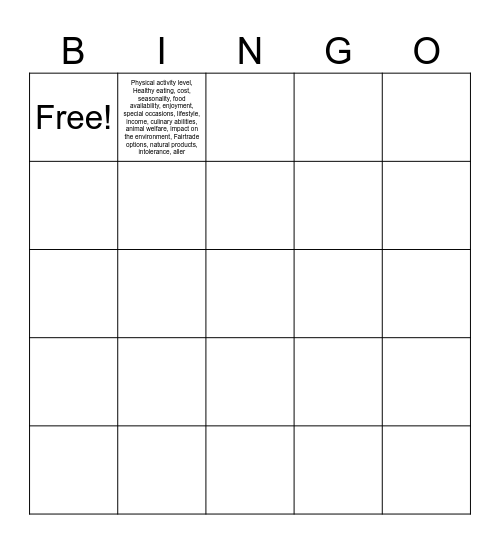 Food Choices Bingo Card