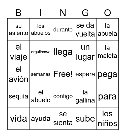 Unidad 5 Vocabulario Bingo Card
