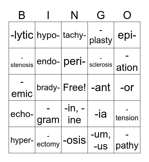 Cardiovascular System Prefixes/Suffixes Bingo Card
