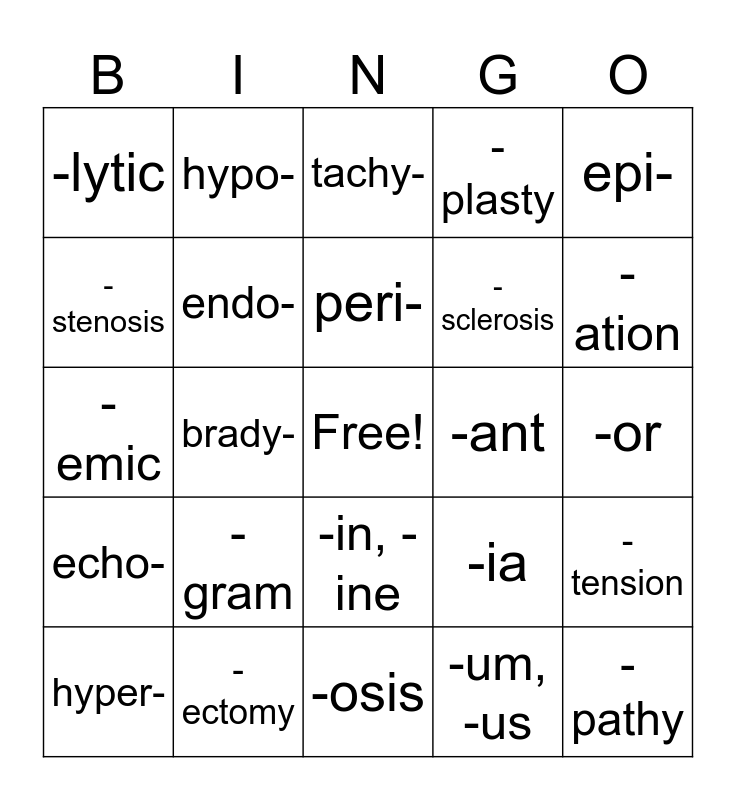 Cardiovascular System Prefixes/Suffixes Bingo Card