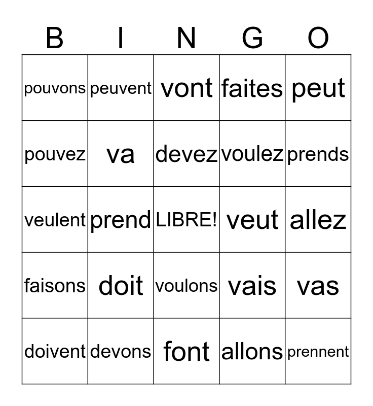 le present des verbes irreguliers Bingo Card