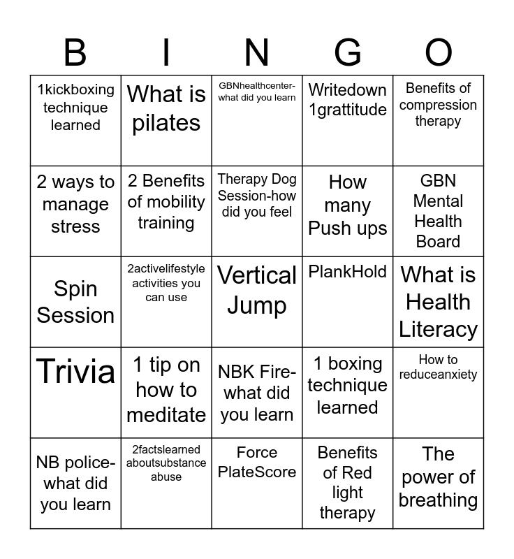 Fitness Fair Bingo - Record activities or what you learned Bingo Card