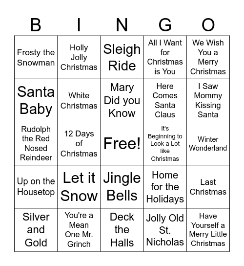 Christmas Song Bingo Card