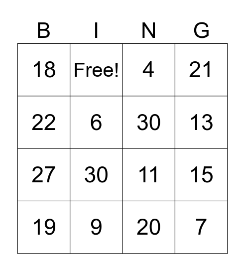 Numbers 1-30 Bingo Card