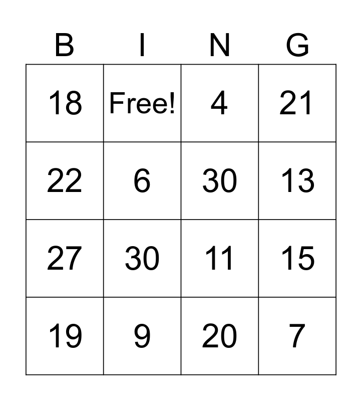 Numbers 1-30 Bingo Card