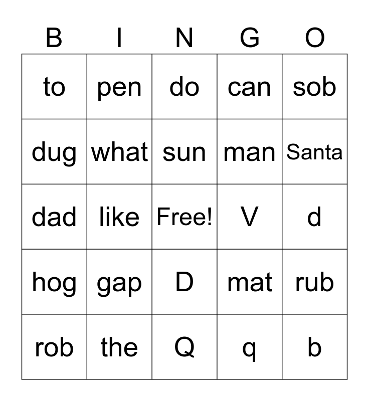 1st Grade Bingo Card