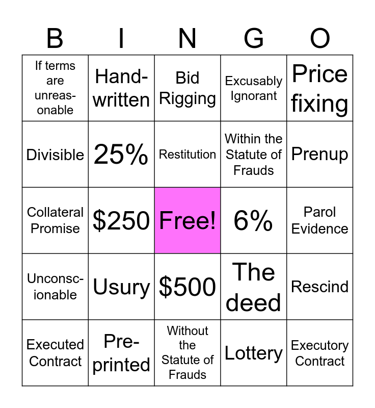 Contract Law - Legality & Writing Bingo Card