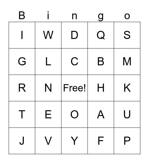 Upper Case Letter Bingo Card