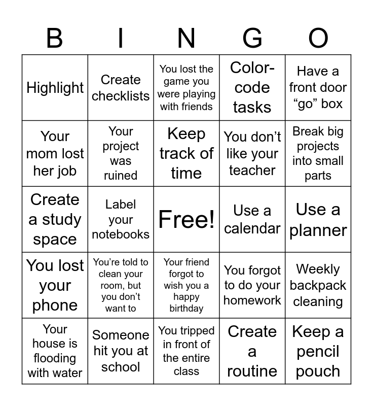 Size of the Problem/organized Student Bingo Card