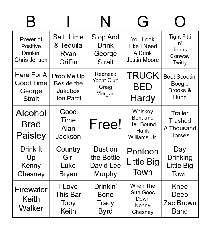 Country Drinkin' Bingo Card