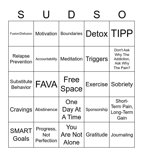 Addiction Bingo Card