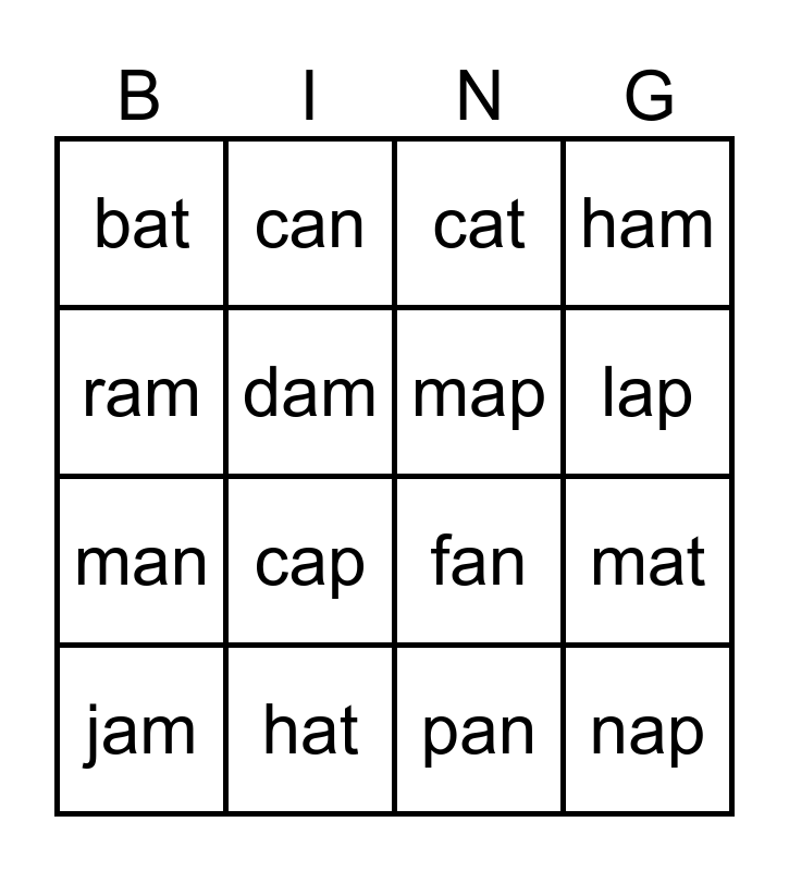 Word Family Bingo Card