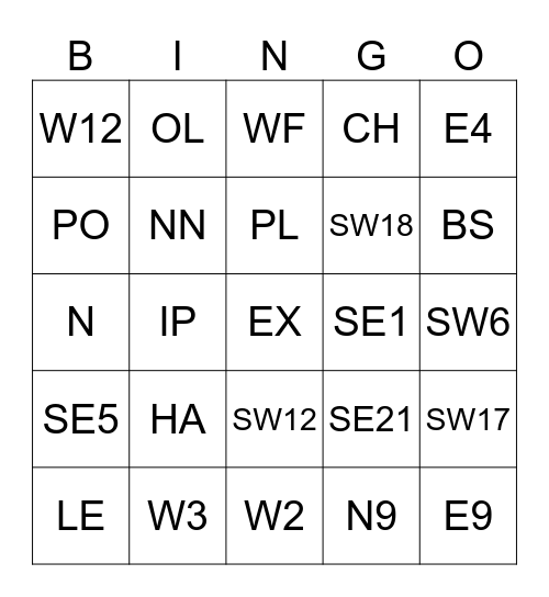 Postcode Bingo Card
