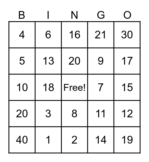 Square Root Bingo Card