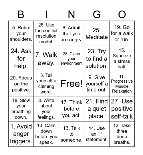Anger Coping Skills Bingo Card