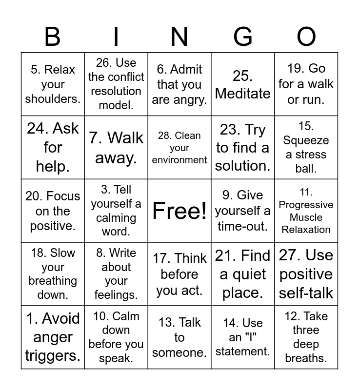 Anger Coping Skills Bingo Card