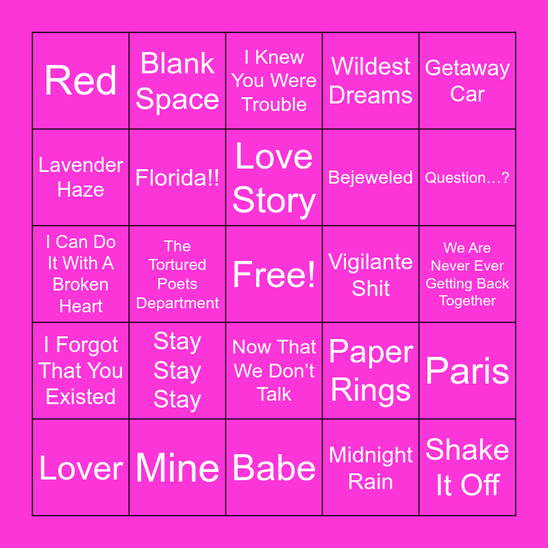 Taylor Swift Music Bingo Card