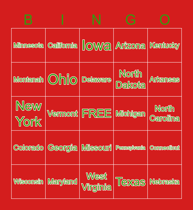 License Plate Bingo Card