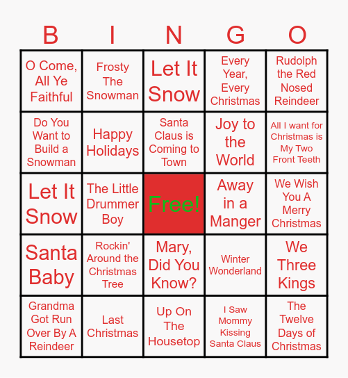 Christmas Carol Bingo Card