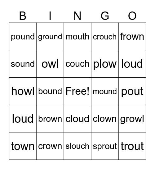 'ou' and 'ow' Bingo Card