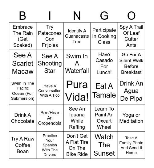 Costa Rica Bingo Card