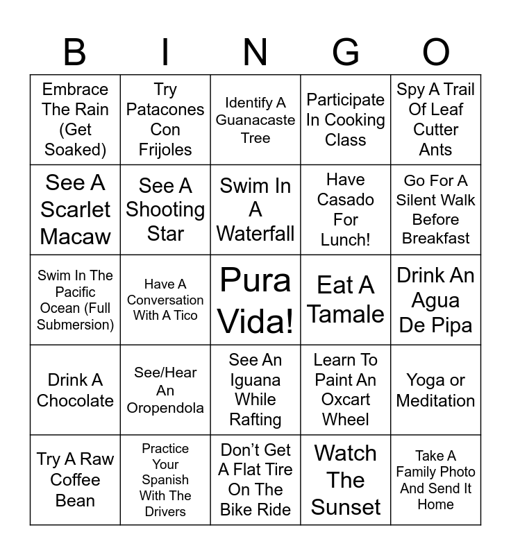Costa Rica Bingo Card