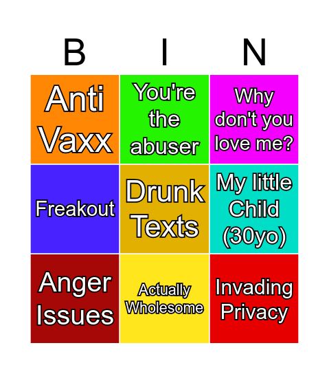 Unhinged parents Bingo Card