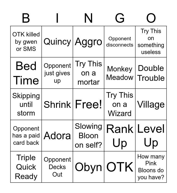 Bloons Card Storm Bingo Card